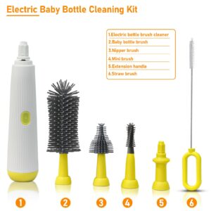 Augensterm Electric Bottle Brush Set with Electric Bottle Brush Cleaner, 3 Replaceable Baby Bottle Brushes and Extension handle. Silicone bottle brush, Waterproof, Perfect Baby Essentials(Lemon Yellow