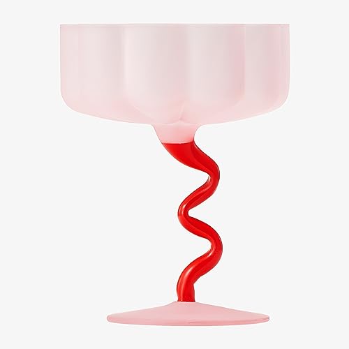 Colorful Wiggly Spiral Cocktail Coupe Glass | Fun Swirly Squiggly Stem Dessert Glass | Frosted Pink & Red Colored Pastel Flower Shaped Glasses, Unique Goblet, Cocktails & Wine Glassware