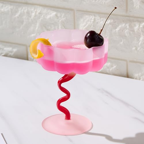 Colorful Wiggly Spiral Cocktail Coupe Glass | Fun Swirly Squiggly Stem Dessert Glass | Frosted Pink & Red Colored Pastel Flower Shaped Glasses, Unique Goblet, Cocktails & Wine Glassware