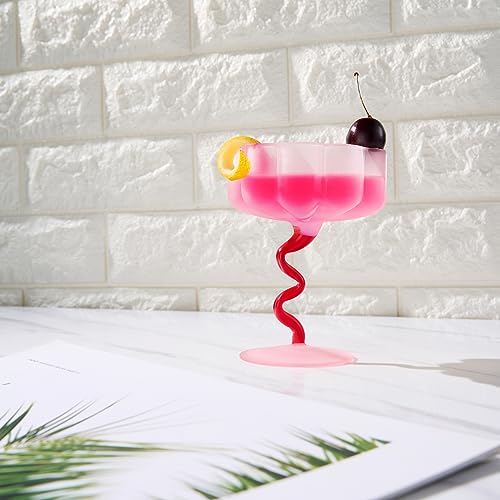 Colorful Wiggly Spiral Cocktail Coupe Glass | Fun Swirly Squiggly Stem Dessert Glass | Frosted Pink & Red Colored Pastel Flower Shaped Glasses, Unique Goblet, Cocktails & Wine Glassware