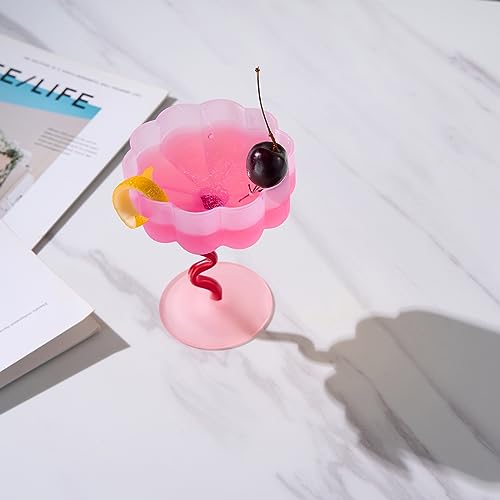 Colorful Wiggly Spiral Cocktail Coupe Glass | Fun Swirly Squiggly Stem Dessert Glass | Frosted Pink & Red Colored Pastel Flower Shaped Glasses, Unique Goblet, Cocktails & Wine Glassware