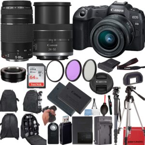 canon eos r8 mirrorless camera with 24-50mm & ef 75-300mm lenses + mount adapter + 20 essential accessories for content creators