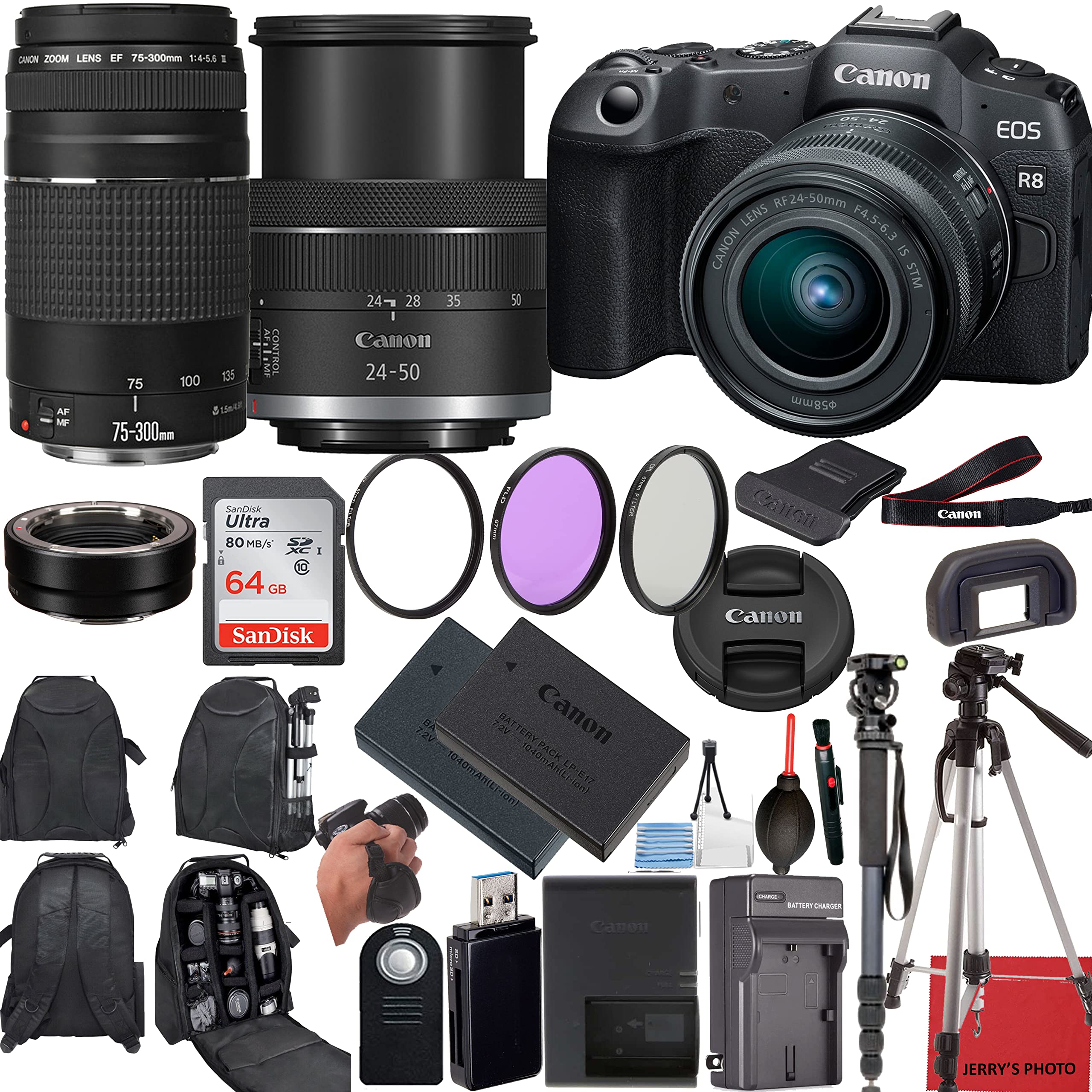 Canon EOS R8 Mirrorless Camera with 24-50mm & EF 75-300mm Lenses + Mount Adapter + 20 Essential Accessories for Content Creators