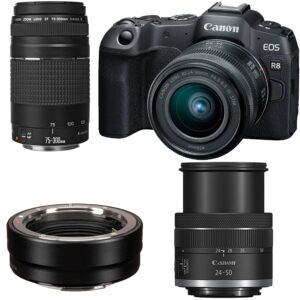 Canon EOS R8 Mirrorless Camera with 24-50mm & EF 75-300mm Lenses + Mount Adapter + 20 Essential Accessories for Content Creators