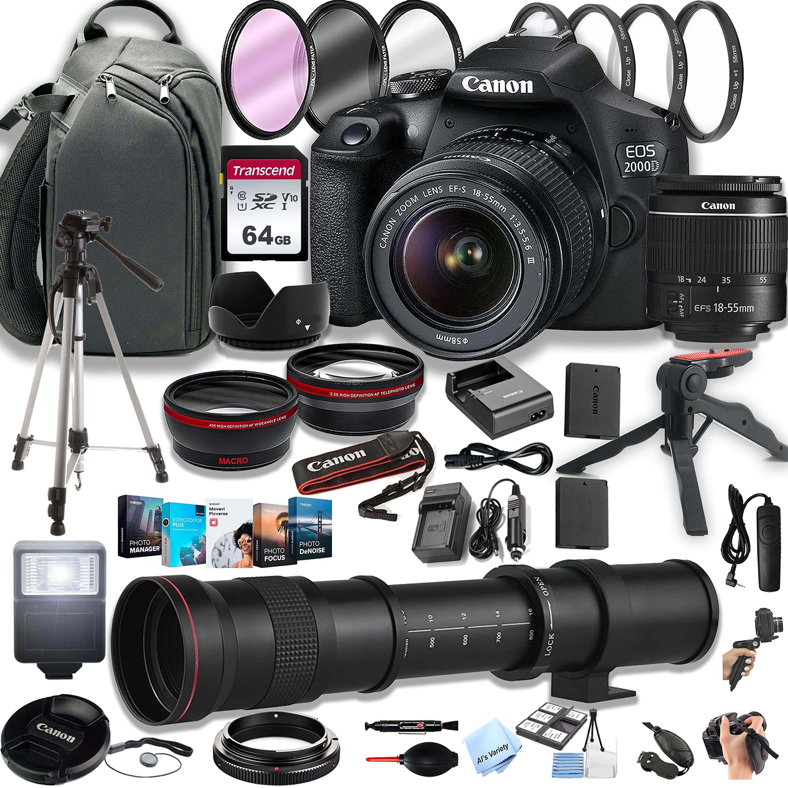 Canon EOS 2000D (Rebel T7) DSLR Camera w/EF-S 18-55mm F/3.5-5.6 Zoom Lens + 420-800mm Super Telephoto Lens + 100S Sling Backpack + 64GB Memory Cards, Professional Photo Bundle (42pc Bundle)