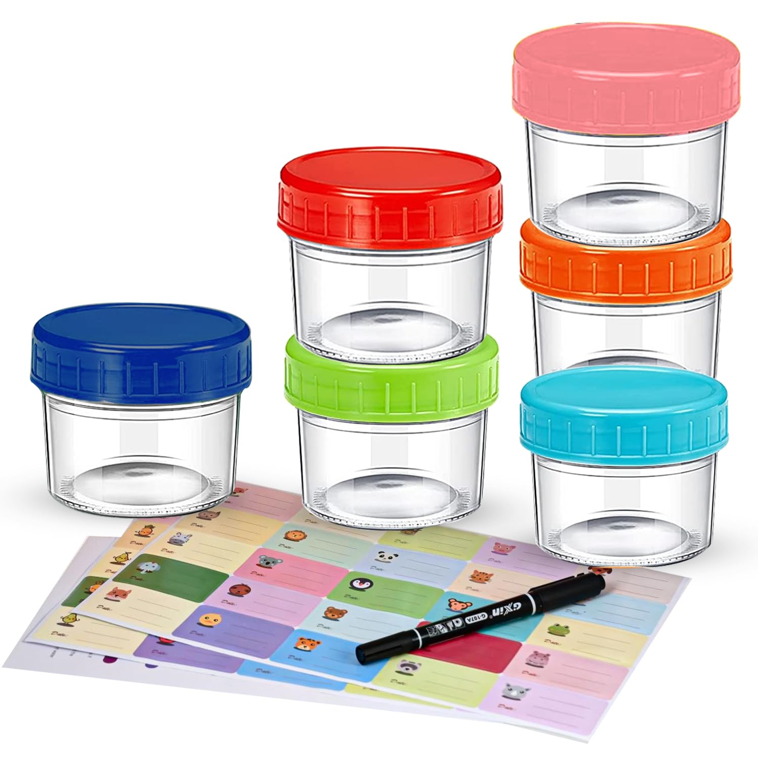 6 Pack Baby Food Storage Containers with Labels-4 Oz Baby Food Jars, Leak Proof, Puree Glass containers with lids Microwave & Dishwasher Safe Infants Kids & Growing Babies