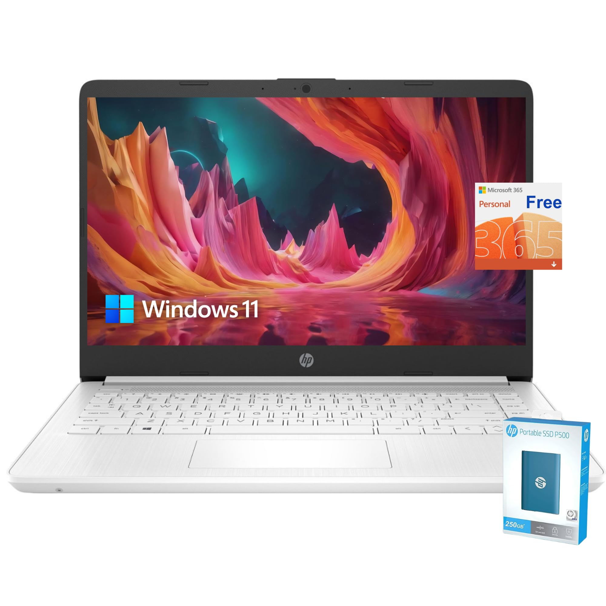 HP Latest Stream 14" HD Laptop, Intel Celeron Processor, 16GB Memory, 64GB eMMC Storage, Fast Charge, HDMI, Up to 11 Hours Long Battery Life, Office 365 1-Year, Win 11 S, Microfiber Bundle, White