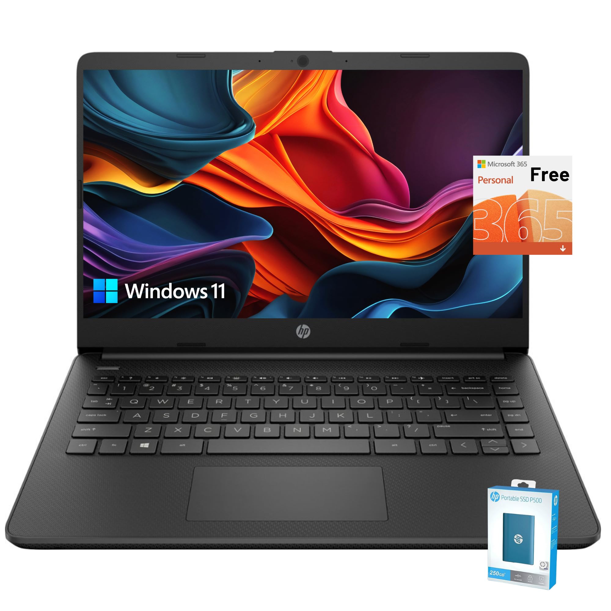 HP Latest Stream 14" HD Laptop, Intel Celeron Processor, 16GB Memory, 64GB eMMC Storage, Fast Charge, HDMI, Up to 11 Hours Long Battery Life, Office 365 1-Year, Win 11 S, Microfiber Bundle, Black