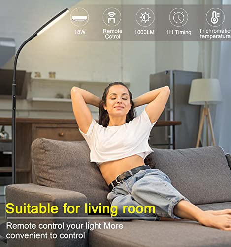 LED Floor Lamps Dimmable with Timer and Dimmer/Remote and Touch Control, 18W Bright Modern Standing Sofa Light, Adjustable Gooseneck Task Lighting for Reading Living Room Bedroom Office (Black)