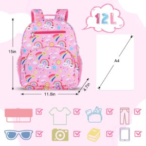 WTUST Rainbow Backpack for Girls, Back to School Supplies for Kids Girls, Cute Pink Preschool Kindergarten Backpack for Girls, Elementary Bookbag Schoobag, 12L Waterproof Backpack