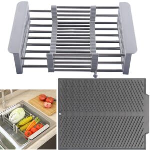 niuyichee expandable dish drying rack in sink, stainless steel dish drainer rack organizer, dish drainer basket shelf on counter, with 16" silicone drainage mat