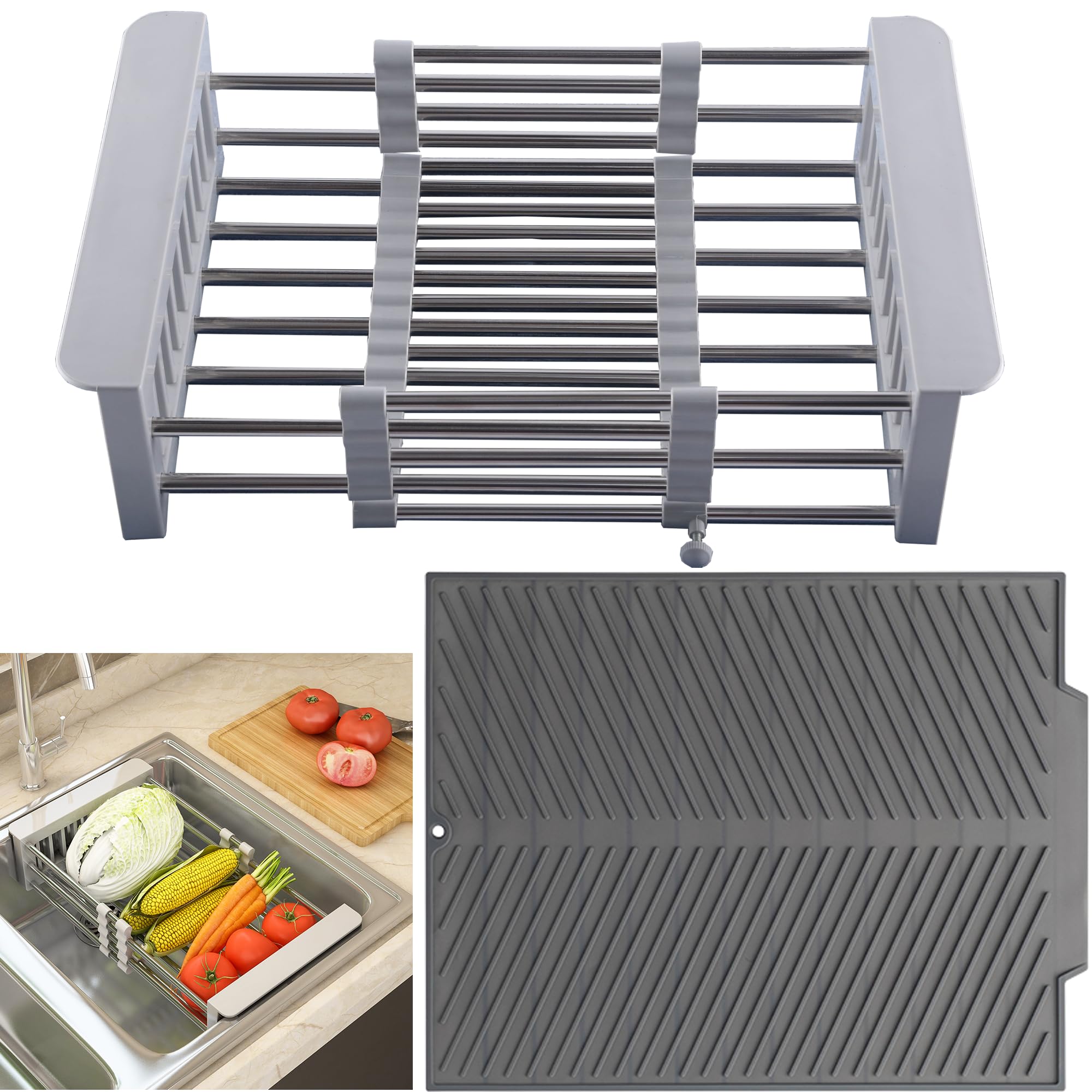 NiuYichee Expandable Dish Drying Rack in Sink, Stainless Steel Dish Drainer Rack Organizer, Dish Drainer Basket Shelf on Counter, with 16" Silicone Drainage Mat