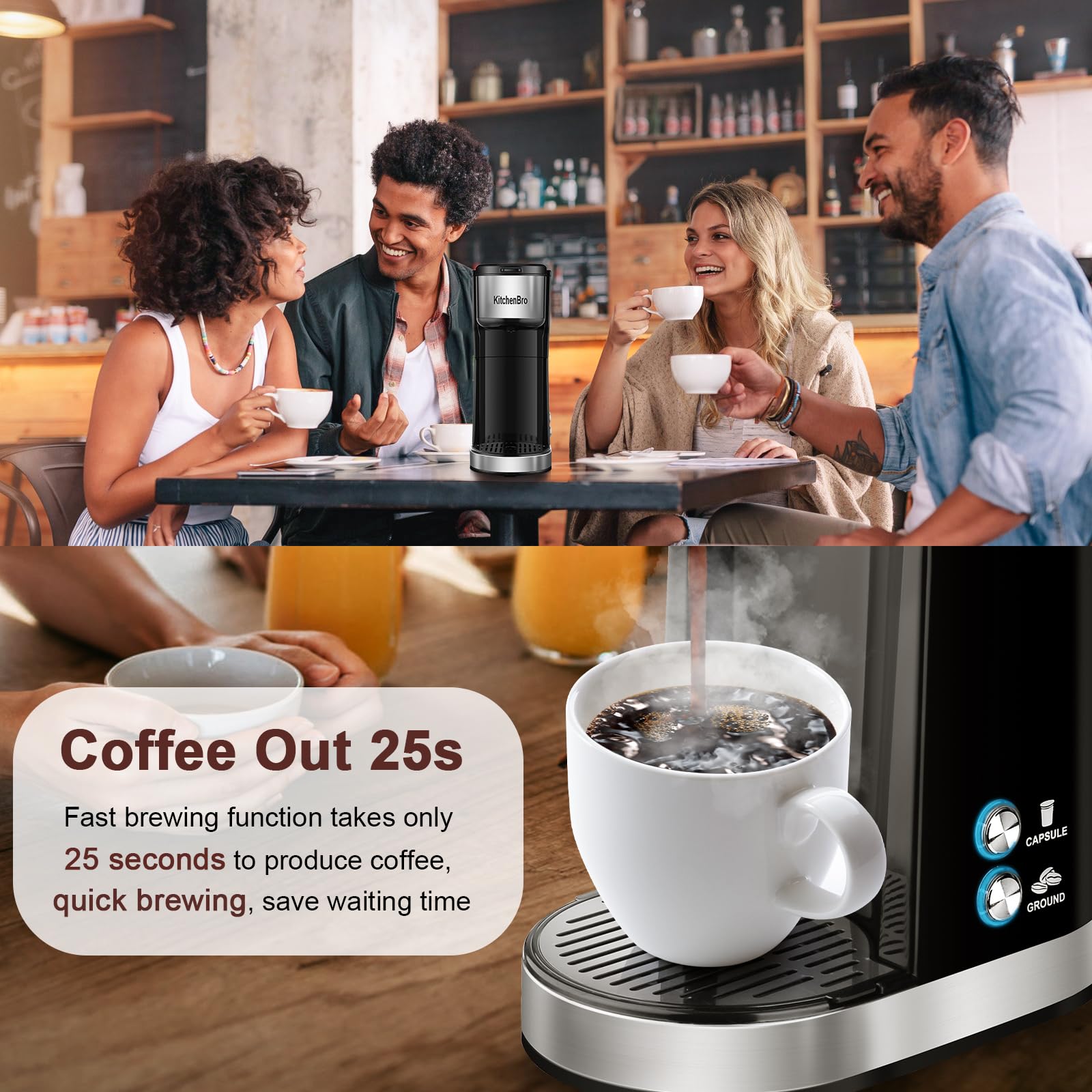 Single Serve Coffee Maker K Cup with Reservoir, Space Saver One Cup Coffee Maker, 2 In 1 Coffee Maker 6 To 14 Oz Brew Sizes,Fits Travel Mug,Single Pod Coffee Maker with Self-Cleaning Function,Black