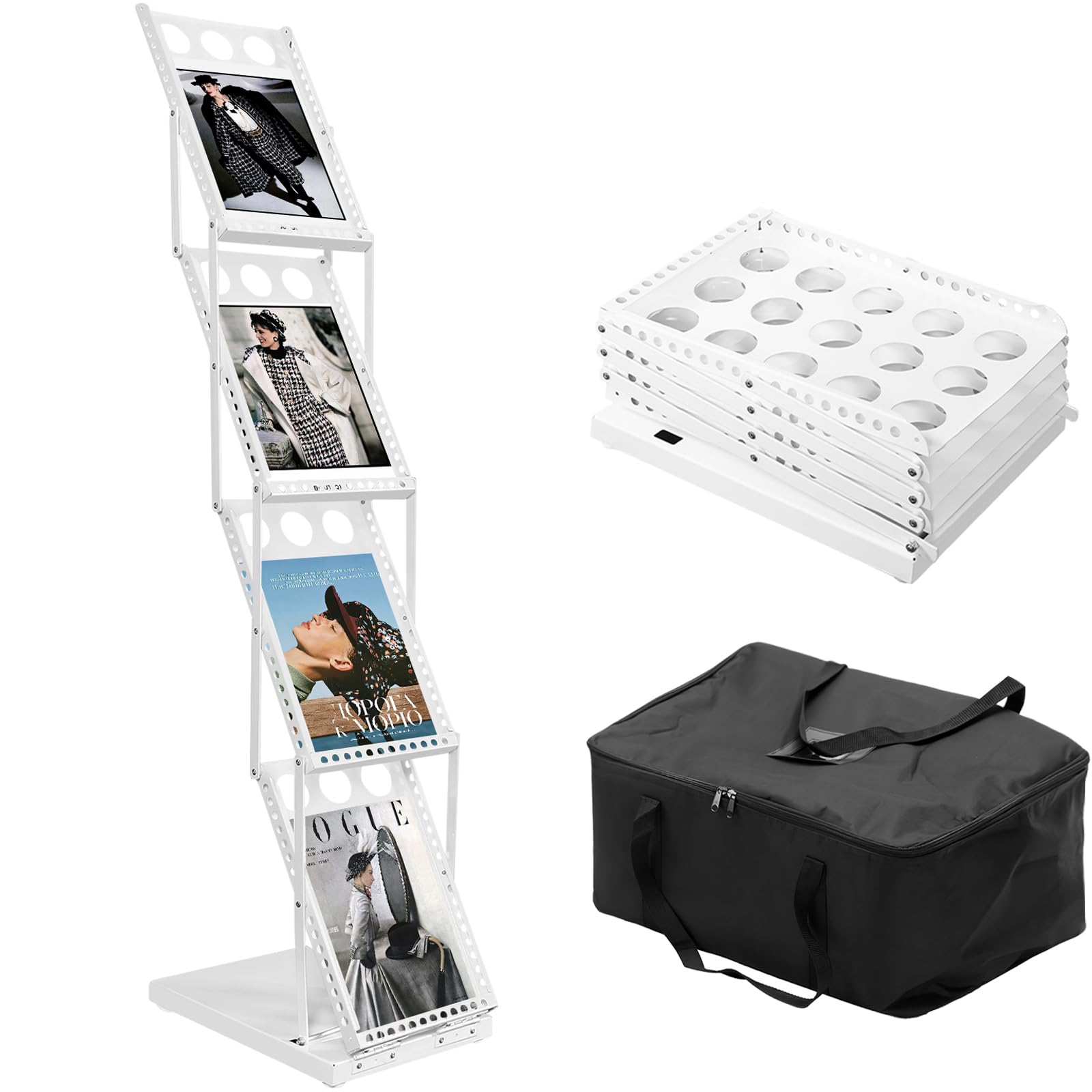 XIDIHF Brochure Magazine Catalog Literature Display Rack Stand,Foldable Magazine Stand 4 Pockets with Carrying Bag for Office Trade Show Exhibitions (White)