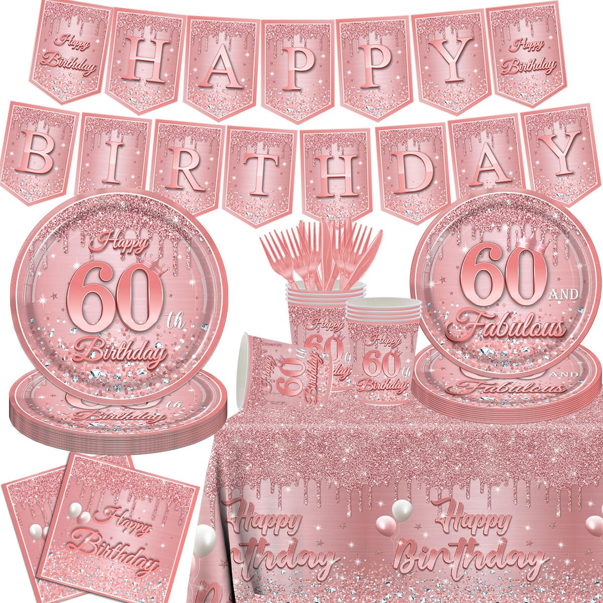 60th Birthday Rose Gold Supplies,142pcs Glitter Pink Rose Gold Tableware Include 60th Birthday Plates and Napkins Cups,Rose Gold Tablecloth Happy Birthday Banner for Women Happy 40th Birthday