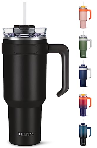 TIDEPEAK 40 oz Tumbler with Handle, Insulated Tumbler with Lid and Straw, Large Metal Sports Water Bottle, Stainless Steel Thermal Travel Coffee Mug Cup, Black