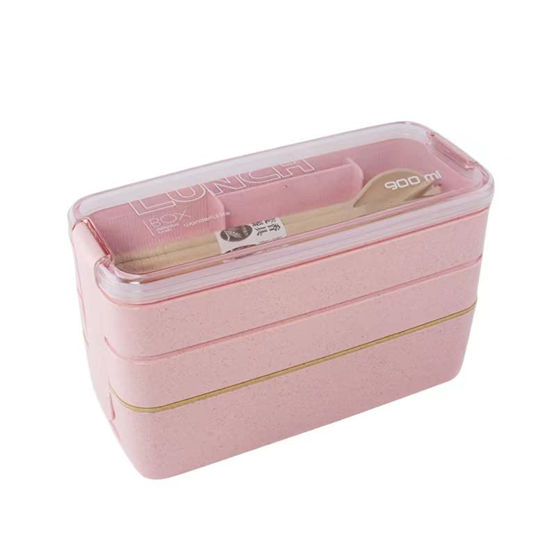 Mejiwasmi Portable Bento Box, 3-layers Lunch Box, 900ML Wheat Straw Dinnerware Food Storage Container (Pink)