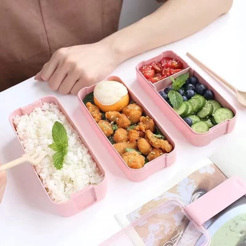 Mejiwasmi Portable Bento Box, 3-layers Lunch Box, 900ML Wheat Straw Dinnerware Food Storage Container (Pink)