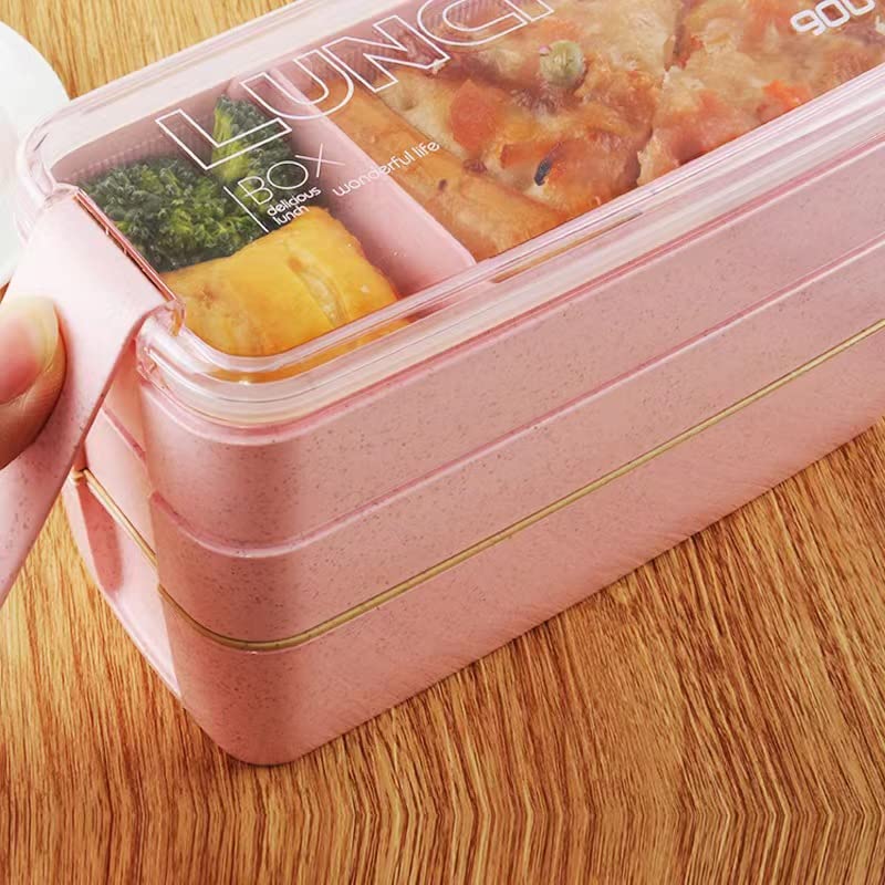 Mejiwasmi Portable Bento Box, 3-layers Lunch Box, 900ML Wheat Straw Dinnerware Food Storage Container (Pink)