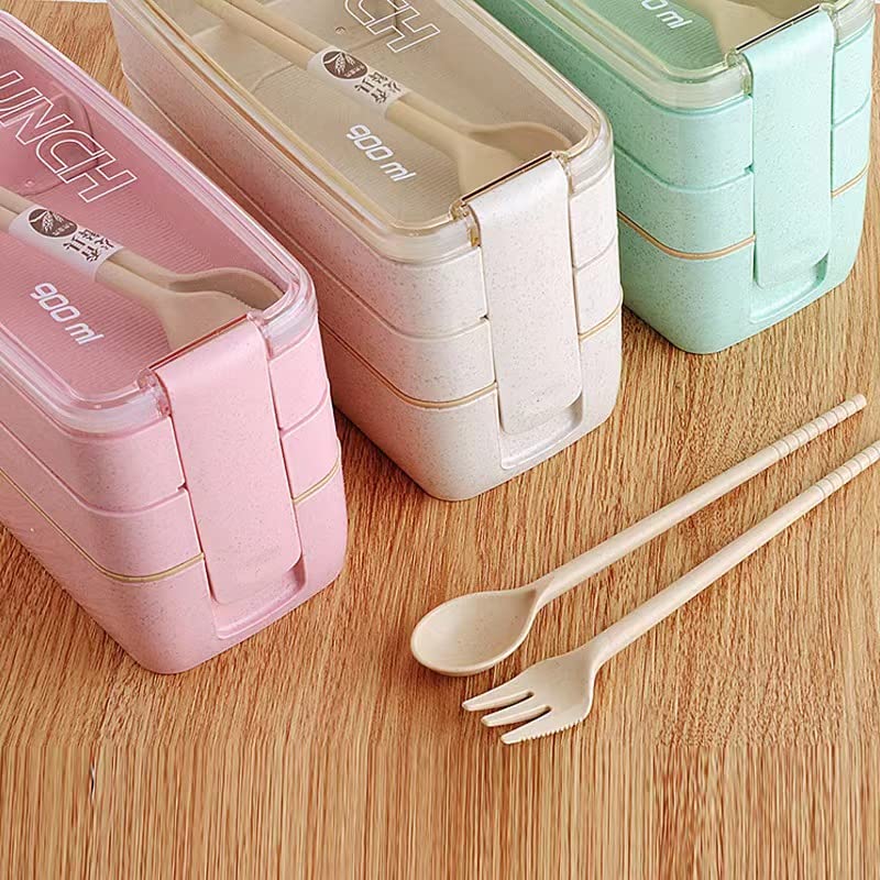 Mejiwasmi Portable Bento Box, 3-layers Lunch Box, 900ML Wheat Straw Dinnerware Food Storage Container (Pink)