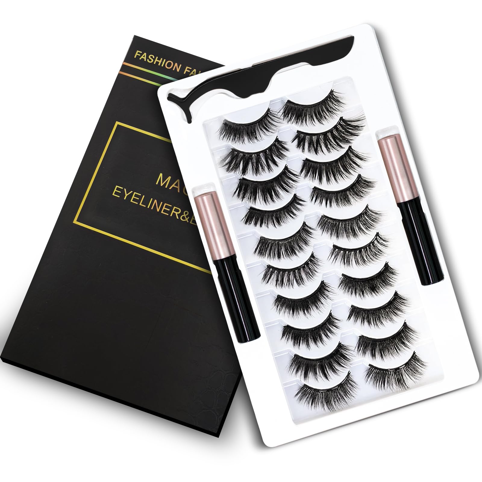 Magnetic Eyelashes Kit, 10 Pairs Reusable Magnetic lashes Natural Look, Lightweight False Eyelashes with Tweezers & 2 Tubes of Magnetic Eyeliners, No Glue Needed, Easy to Wear