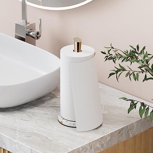 Paper Towel Holder Countertop, Brushed Nickel Waterproof Stainless Steel Paper Towel Stand with Stone Weighted Base, One Handed Tear Paper Towel Roll Holder for Kitchen & Bathroom (Silver)