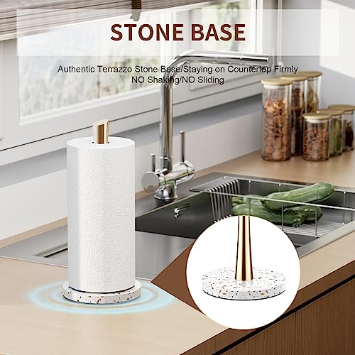 Paper Towel Holder Countertop, Brushed Nickel Waterproof Stainless Steel Paper Towel Stand with Stone Weighted Base, One Handed Tear Paper Towel Roll Holder for Kitchen & Bathroom (Silver)