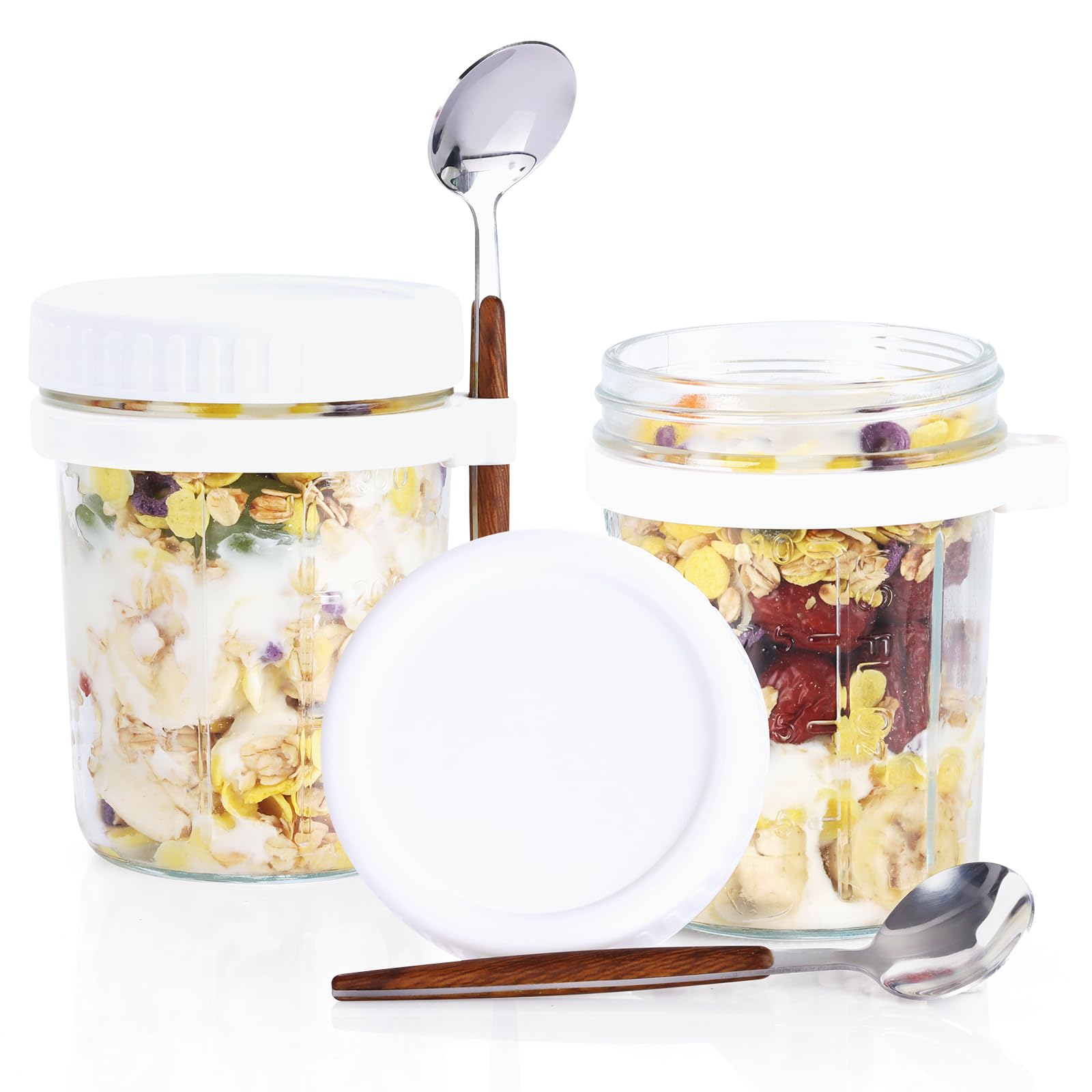 Woisut Overnight Oats Containers with Lids and Spoons, 2 Pack Large Capacity Overnight Oats Jars with Measurement Marks, 16 oz Glass Storage Container Airtight Jars for Cereal Milk Fruit Salad, White