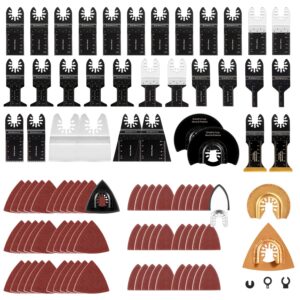 sawviva 100 pack oscillating saw blades, oscillating tool blades with sandpaper, durable multitool blades kits for cutting wood, metal, and plastic with quick release