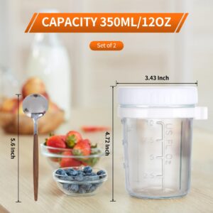 Woisut Overnight Oats Containers with Lids and Spoons, 2 Pack Large Capacity Overnight Oats Jars with Measurement Marks, 16 oz Glass Storage Container Airtight Jars for Cereal Milk Fruit Salad, White