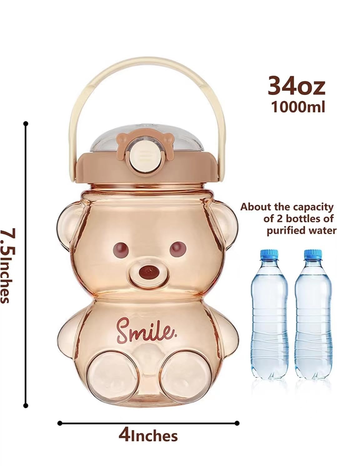 JRIQH Kawaii Bear Straw Bottle,Leak-Proof Water Bottle with Adjustable & Removable Shoulder Strap for Boy and Girls (coffee)