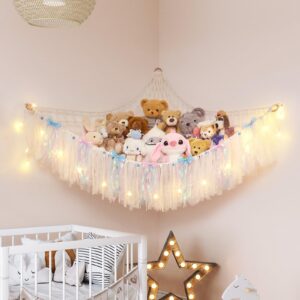 samaridan x-large stuffed animal storage hammock boho with led light macrame jumbo doll room corner organizer mesh decoration-hanging storage nets kids fairy tale colors white