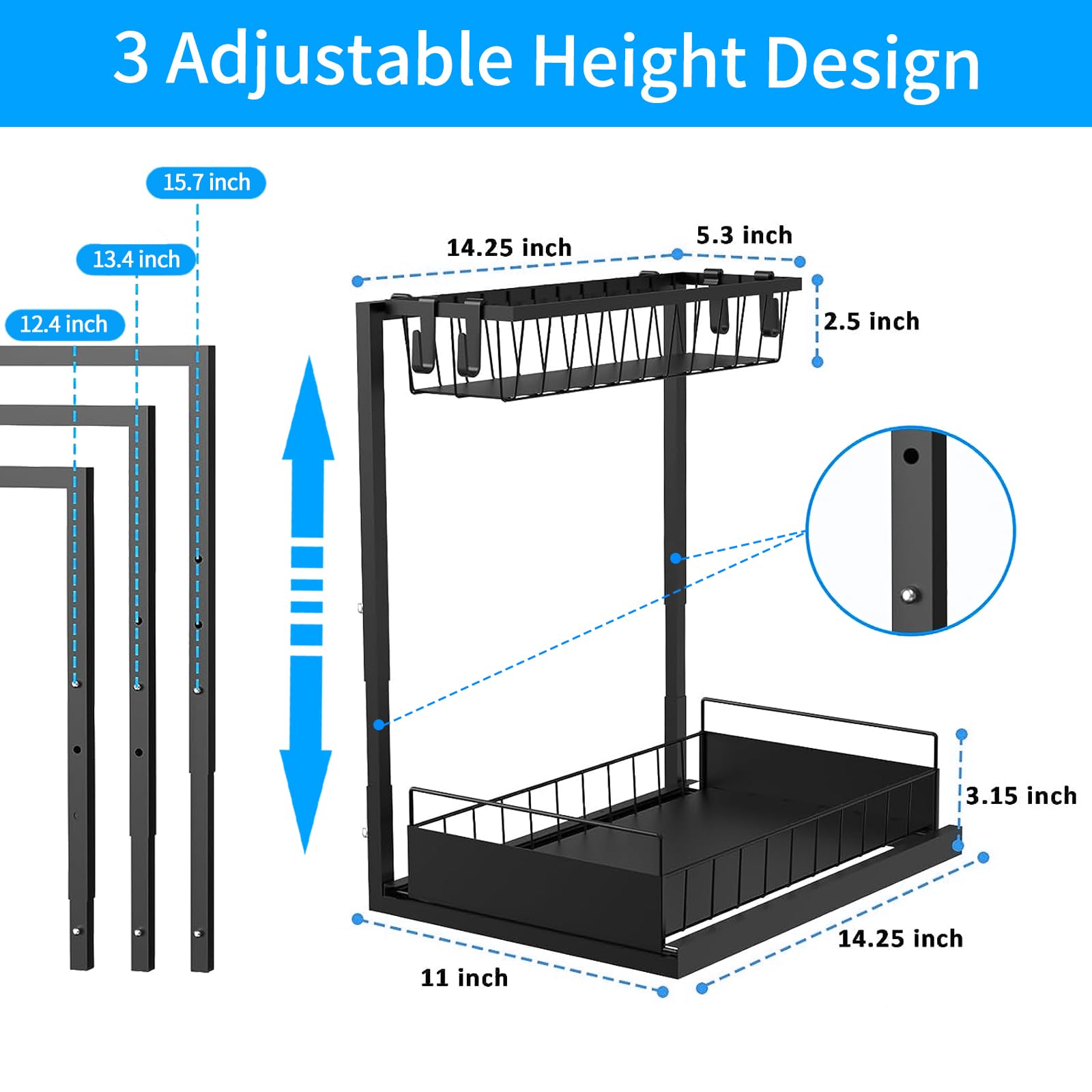 Under Sink Organizer 2 Pack, Chunyee 2-Tier Adjustable Height Under Sink Organizers and Storage, L-Shape Heavy Duty Metal Slide Out Under Sink Storage for Kitchen and Bathroom, Gifts for Women