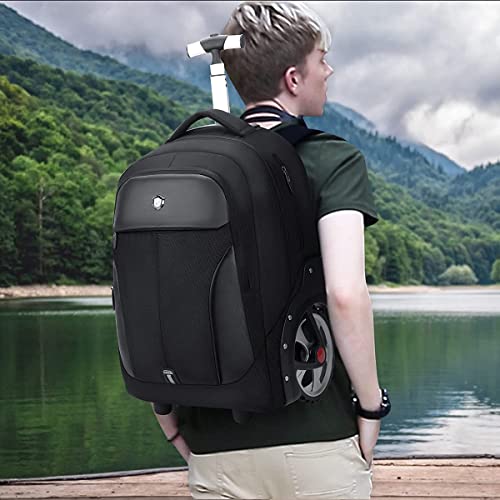 Waterproof Backpack with Wheels, Carry on Backpack with Laptop Compartment, Fit 17 Inch Laptop (Black)