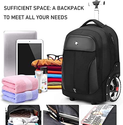 Waterproof Backpack with Wheels, Carry on Backpack with Laptop Compartment, Fit 17 Inch Laptop (Black)