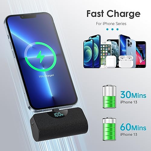 Small Portable Charger for iPhone 5200mAh, 20W PD Fast Charging Power Bank, LCD Display Mini Battery Pack Portable Phone Charger Compatible with iPhone 14 Pro Max/14/13/12/11/XR/X/8/7/6,Black