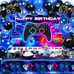 momohoo video game birthday party decorations supplies - 151pcs gamer birthday decorations for boys including happy birthday backdrop, tablecloth, balloons, foil balloons, stickers