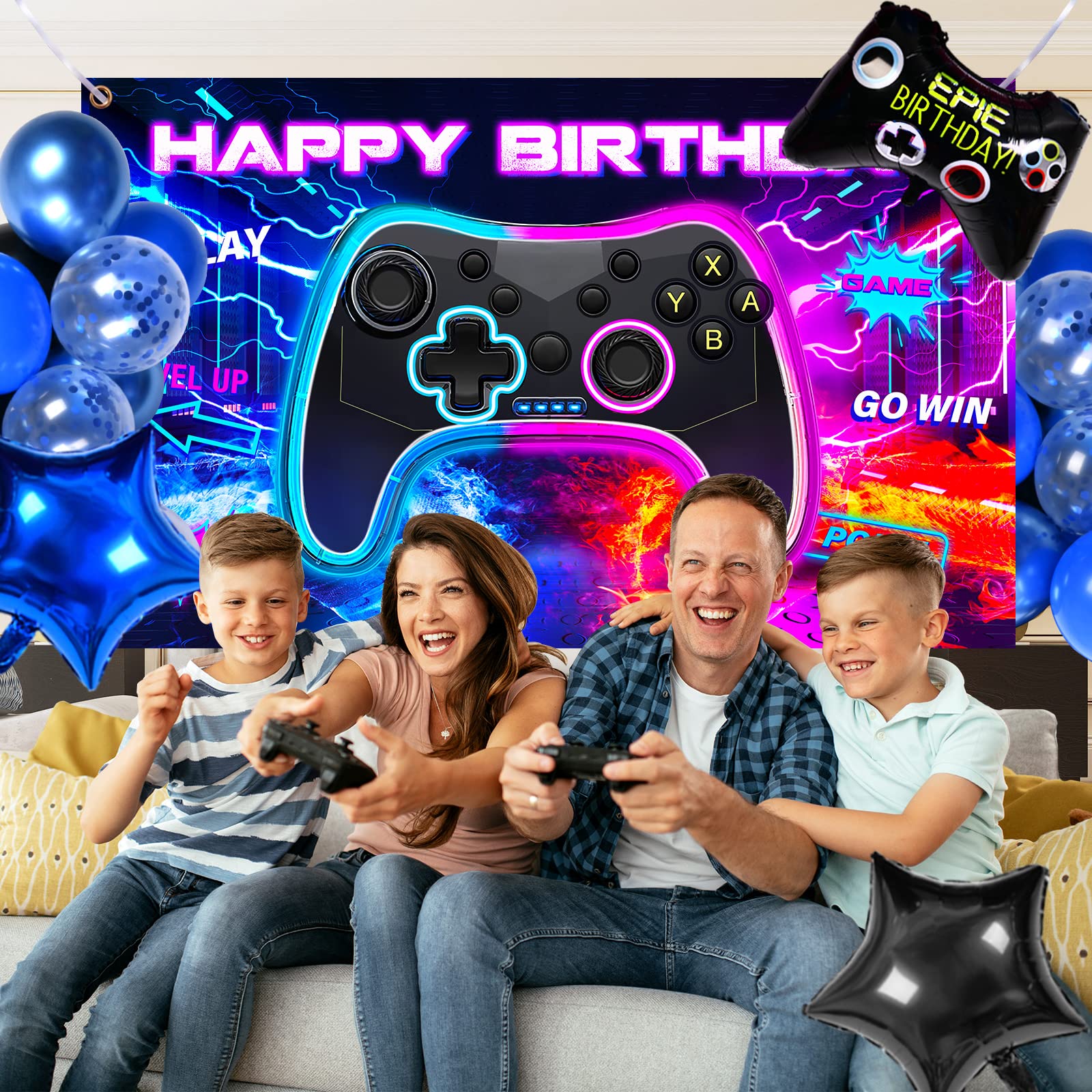 MOMOHOO Video Game Birthday Party Decorations Supplies - 151PCS Gamer Birthday Decorations for Boys Including Happy Birthday Backdrop, Tablecloth, Balloons, Foil Balloons, Stickers