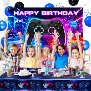 MOMOHOO Video Game Birthday Party Decorations Supplies - 151PCS Gamer Birthday Decorations for Boys Including Happy Birthday Backdrop, Tablecloth, Balloons, Foil Balloons, Stickers