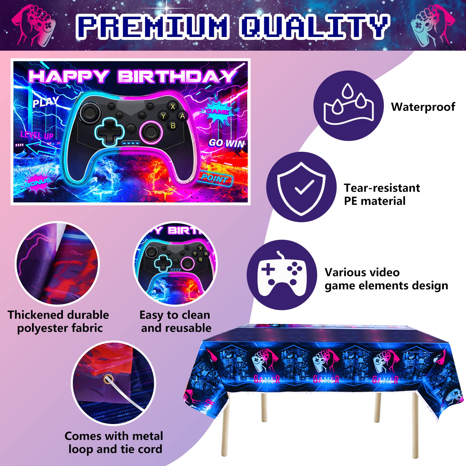 MOMOHOO Video Game Birthday Party Decorations Supplies - 151PCS Gamer Birthday Decorations for Boys Including Happy Birthday Backdrop, Tablecloth, Balloons, Foil Balloons, Stickers