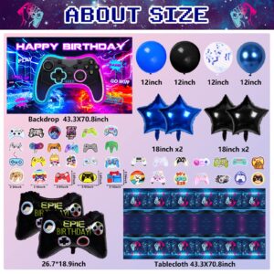 MOMOHOO Video Game Birthday Party Decorations Supplies - 151PCS Gamer Birthday Decorations for Boys Including Happy Birthday Backdrop, Tablecloth, Balloons, Foil Balloons, Stickers