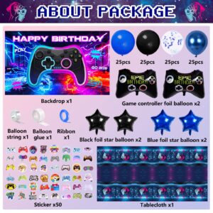 MOMOHOO Video Game Birthday Party Decorations Supplies - 151PCS Gamer Birthday Decorations for Boys Including Happy Birthday Backdrop, Tablecloth, Balloons, Foil Balloons, Stickers