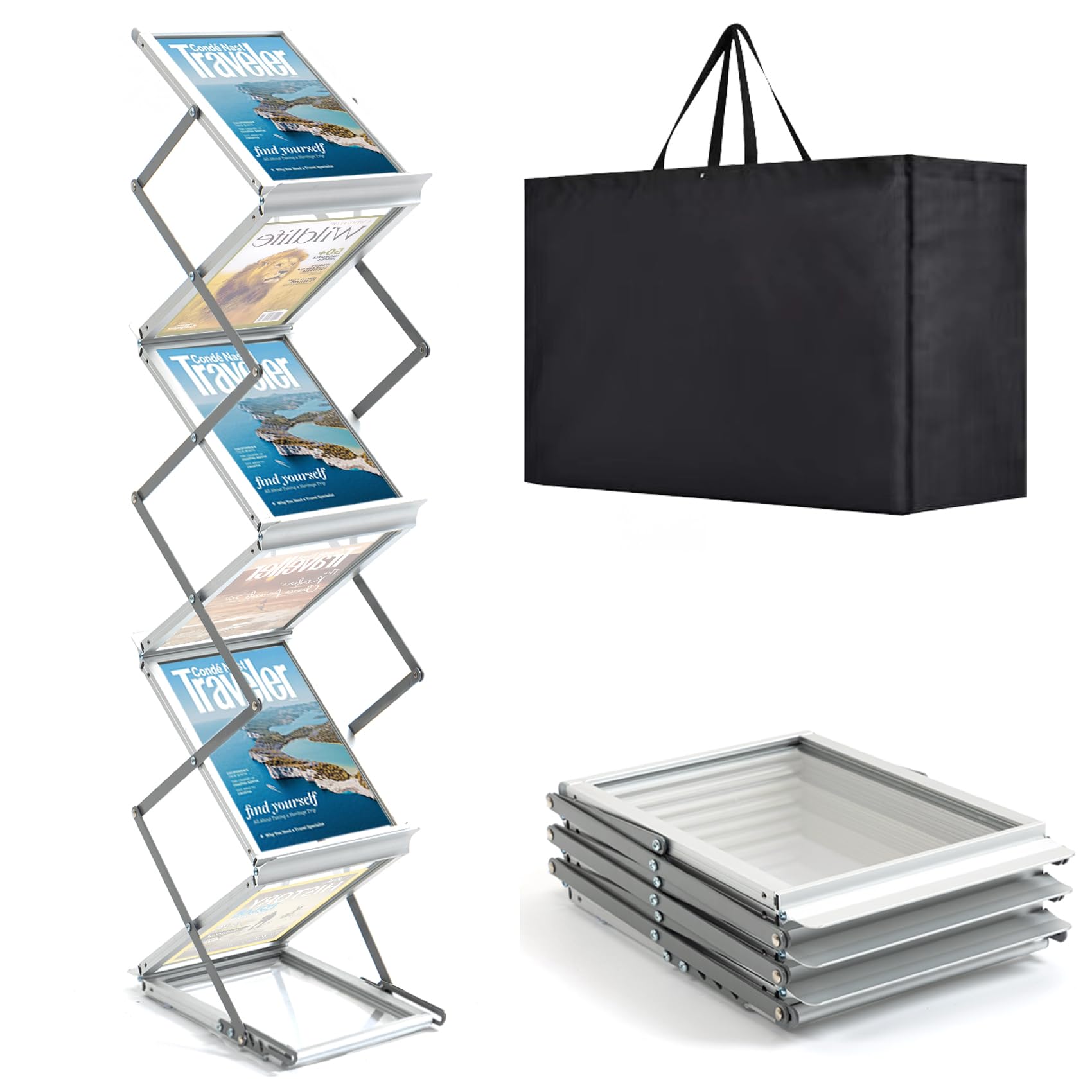 6 Pockets Literature Catalog Rack, Foldable Magazine Brochure Display Stand, Magazine Floor-Standing with Portable Oxford Bag, Aluminum Pop up Brochure Stand for Trade Show