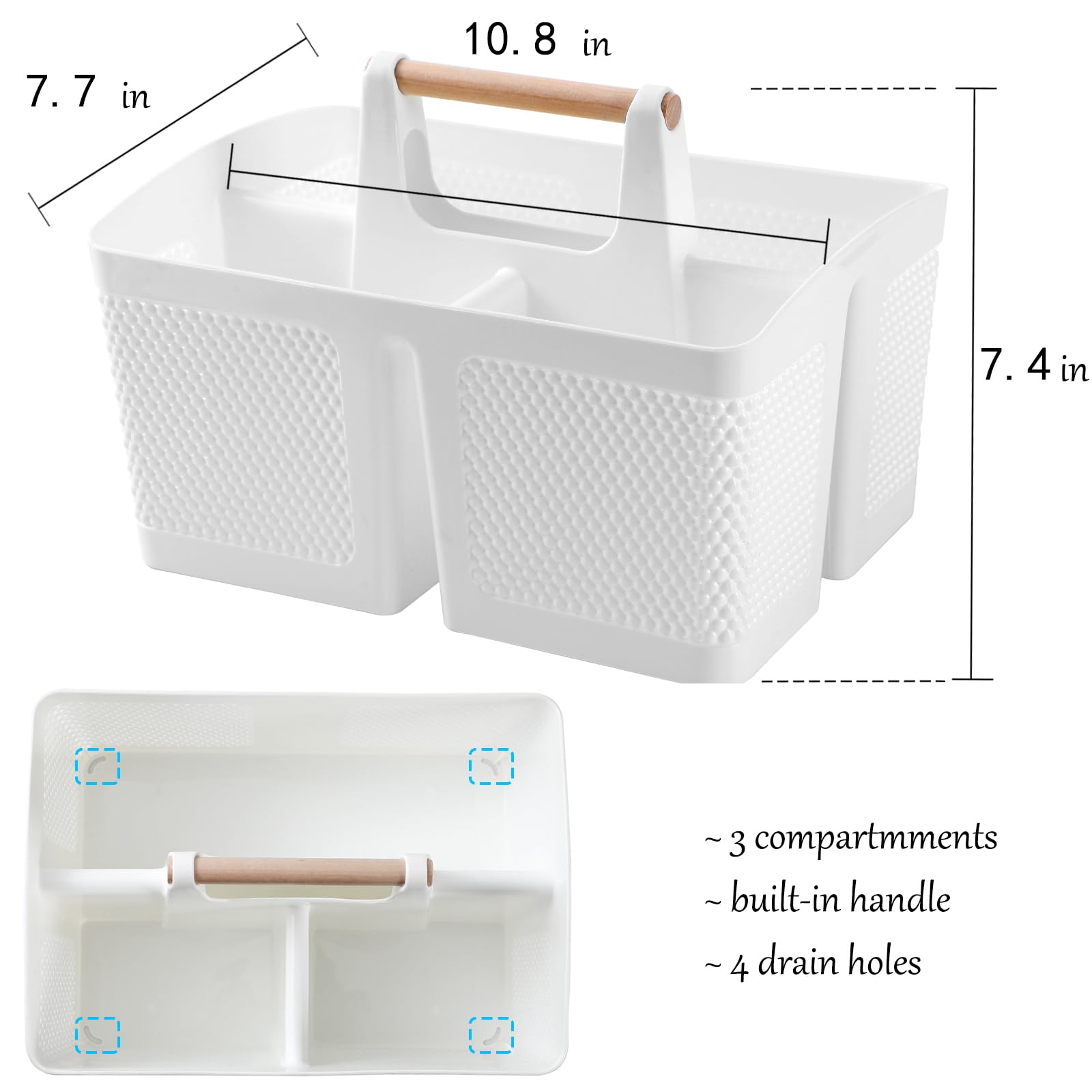 rejomiik Portable Shower Caddy Basket Plastic Cleaning Caddy Organizer Storage Tote with Handle for Bathroom, College, Dorm Room Essentials, White