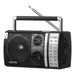 leotec am fm radio, portable bluetooth radio, plug in wall or battery operated best reception with headphone jack, handheld great for home, outdoor, red