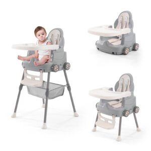 high chairs for babies and toddlers, portable 3 in 1 high chair, adjustable convertible compact infant baby feeding chair booster with detachable double tray, 5 point harness, foot rest gray