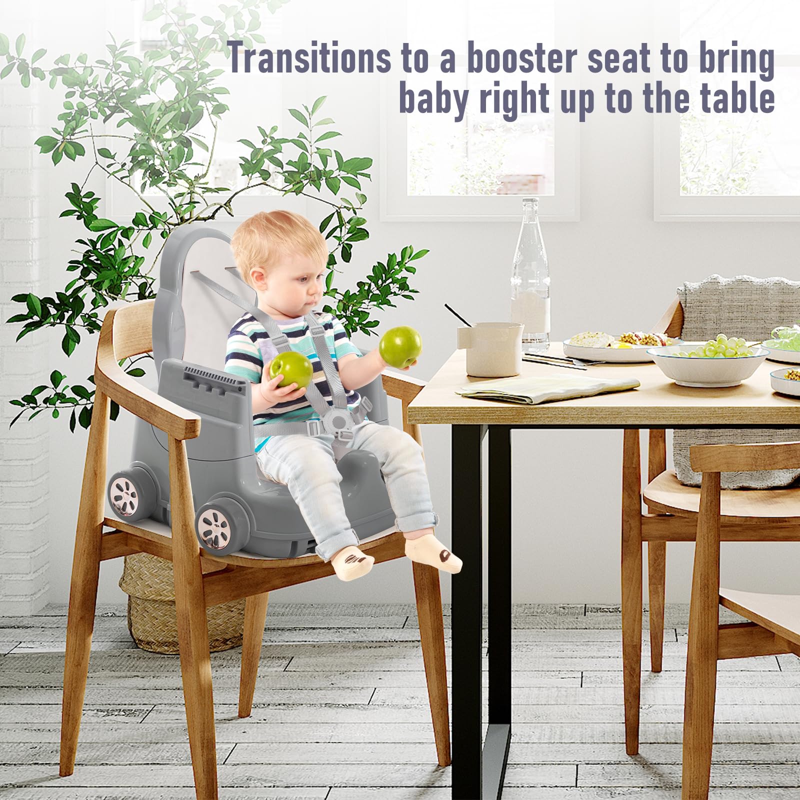 High Chairs for Babies and Toddlers, Portable 3 in 1 High Chair, Adjustable Convertible Compact Infant Baby Feeding Chair Booster with Detachable Double Tray, 5 Point Harness, Foot Rest Gray