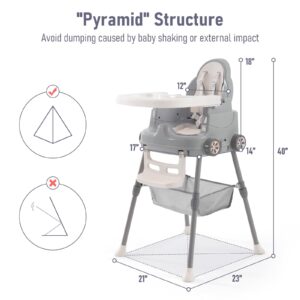 High Chairs for Babies and Toddlers, Portable 3 in 1 High Chair, Adjustable Convertible Compact Infant Baby Feeding Chair Booster with Detachable Double Tray, 5 Point Harness, Foot Rest Gray