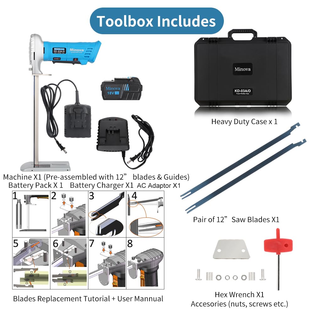 MINOVA Brushless Foam Rubber Cutter 12” Kit AC+DC, Cutting of All Densities of Foam Rubber, upholstery foam cushion & Flexible Plastic Foam, Heavy-Duty Cutting Tool