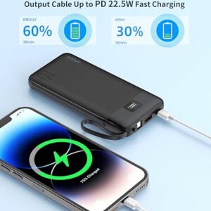 ANOUV Portable Charger with Built-in Cables&AC Wall Plug,10000mAh Power Bank,PD 22.5W USB-C Fast Charging External Battery Pack with LED Display Compatible with iPhones and All Smart Device（1 Pack）